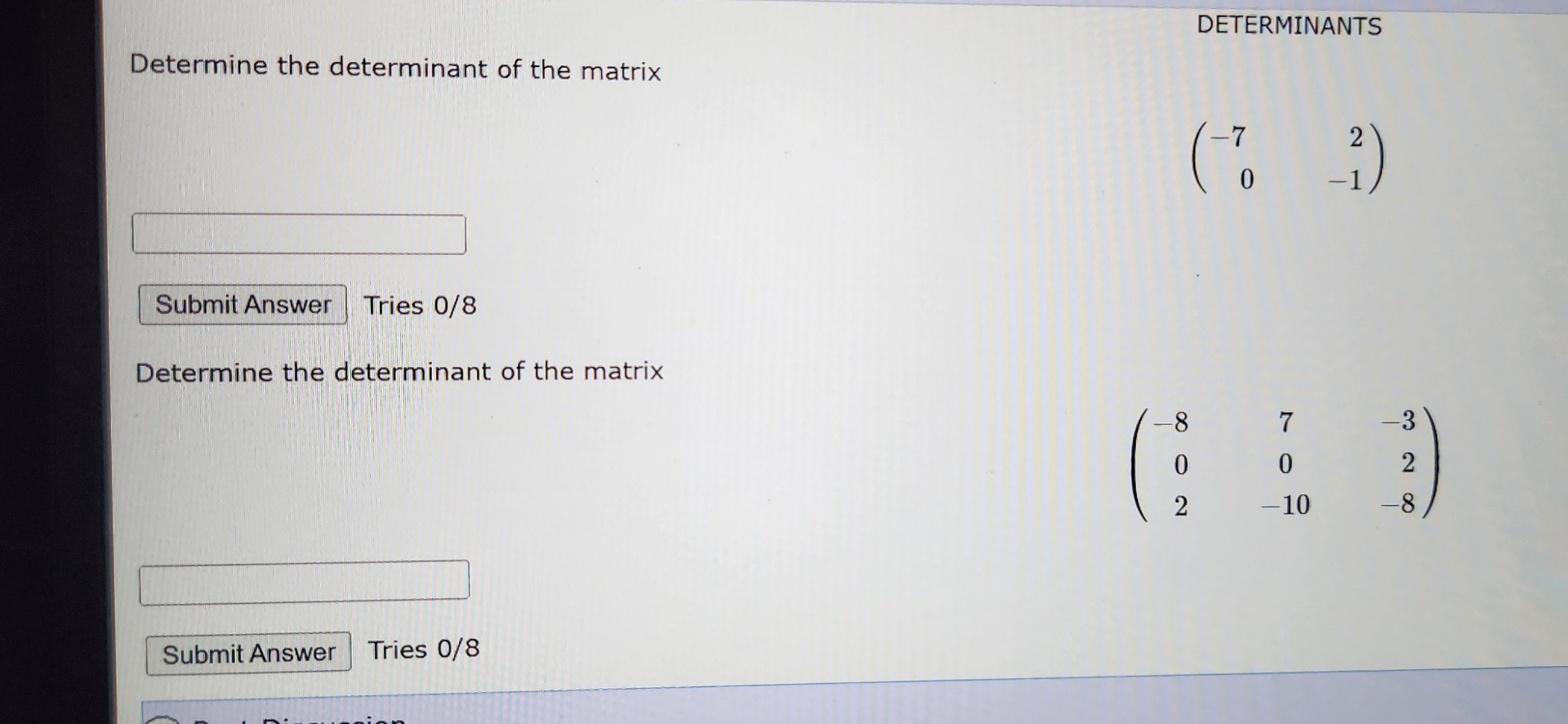 Solved DETERMINANTSDetermine the determinant of the | Chegg.com