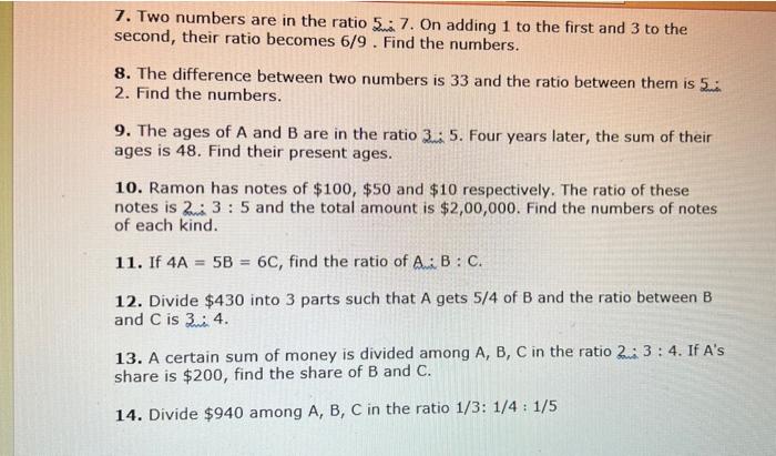 Solved 7. Two numbers are in the ratio 5 7. On adding 1 to | Chegg.com