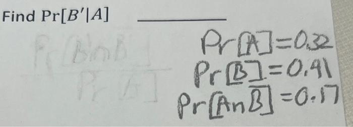 Solved Find Pr[B′∣A] Pr[A]=0,32Pr[B]=0.91Pr[AnBˉ]=0.17 | Chegg.com