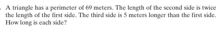 [Solved]: A triangle has a perimeter of 69 meters. The leng