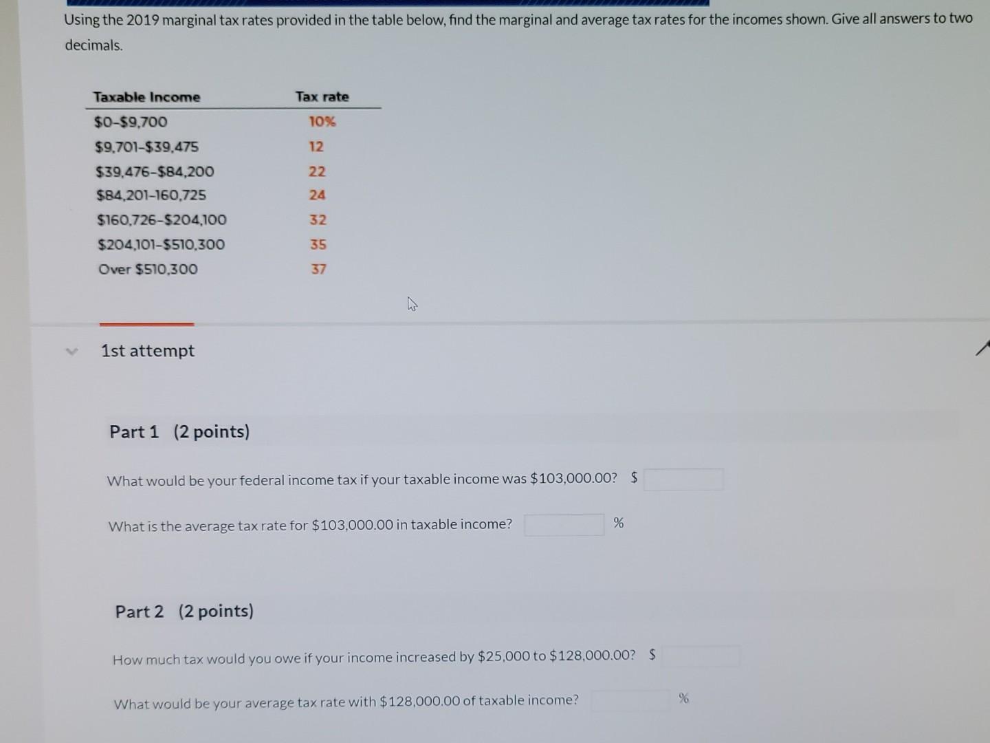 Solved Using the 2019 marginal tax rates provided in the | Chegg.com