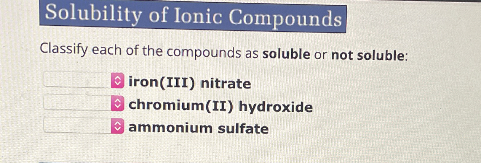 Solved Solubility of Ionic CompoundsClassify each of the | Chegg.com