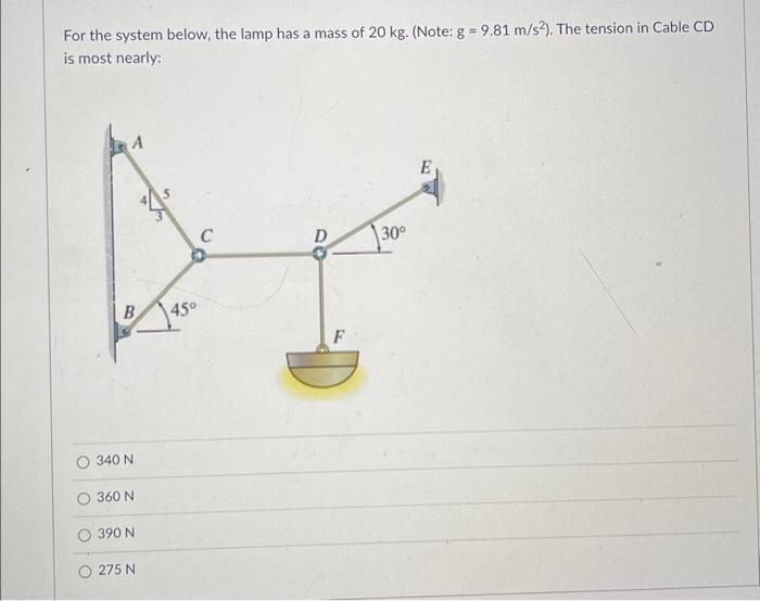 Solved For the system below, the lamp has a mass of 20 kg. | Chegg.com