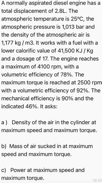 Solved A normally aspirated diesel engine has a total | Chegg.com