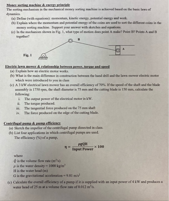 Solved Money sorting machine & energy principle The sorting | Chegg.com