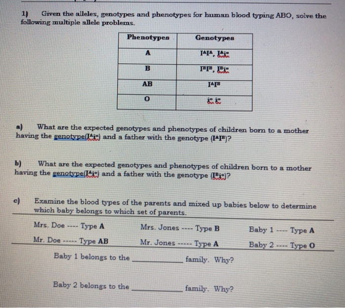 Solved 1) Given the alleles, genotypes and phenotypes for | Chegg.com