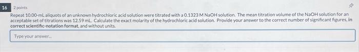 Solved Repeat 10.00-mL aliquots of an unknown hydrochloric | Chegg.com