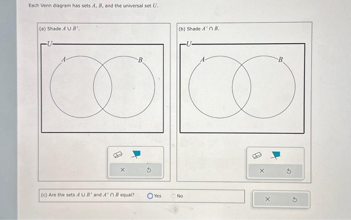 Solved Each Venn diagram has sets A,B, and the universal set | Chegg.com