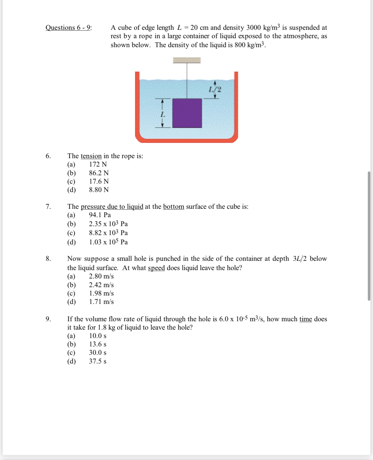 Solved Questions 6 - 9 ﻿:A cube of edge length L=20cm ﻿and | Chegg.com