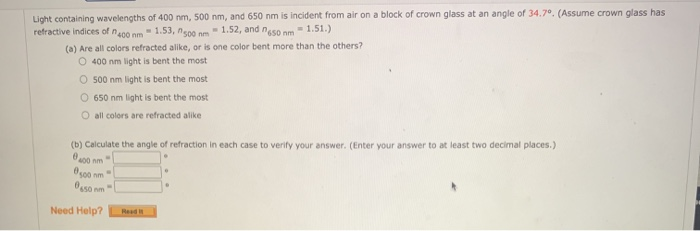 Solved Light containing wavelengths of 400 nm, 500 nm, and | Chegg.com