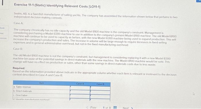 Solved Exercise 11-1 (Static) Identifying Relevant Costs | Chegg.com