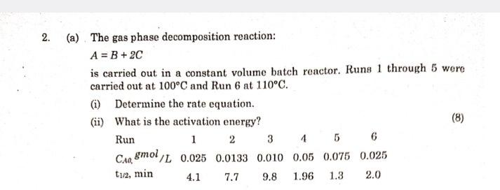 Solved (a) The gas phase decomposition reaction: A=B+2C is | Chegg.com