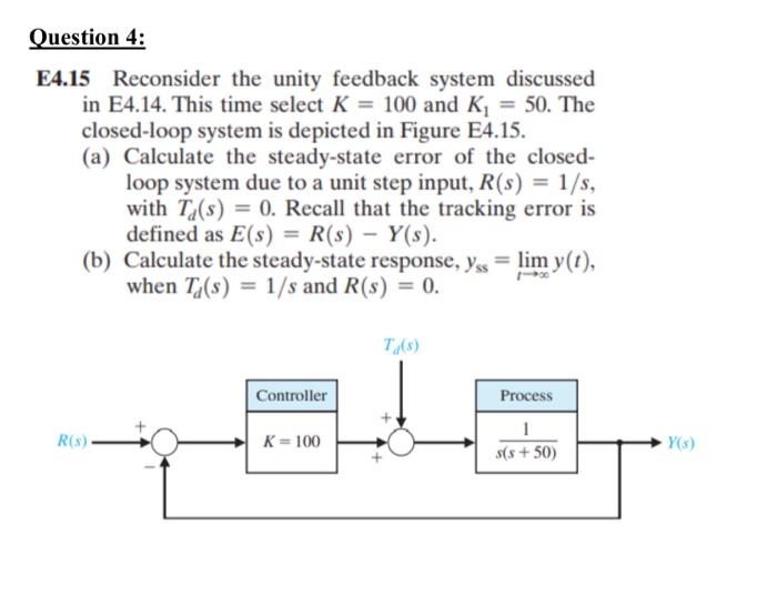 Solved Question 4: E4.15 Reconsider the unity feedback | Chegg.com