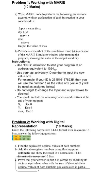 Solved a) Write MARIE code to perform the following | Chegg.com