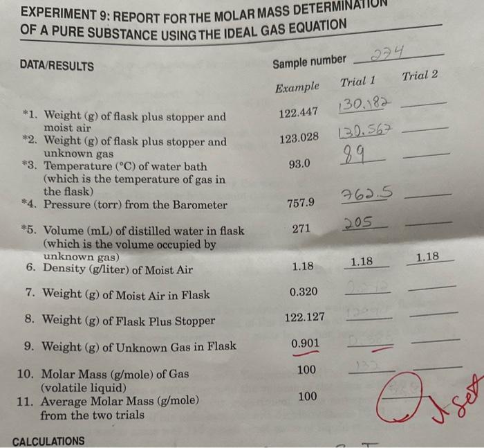 Solved EXPERIMENT 9: REPORT FOR THE MOLAR MASS DETERMINATIUN | Chegg.com