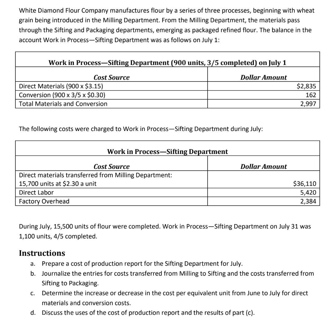 Solved White Diamond Flour Company manufactures flour by a | Chegg.com