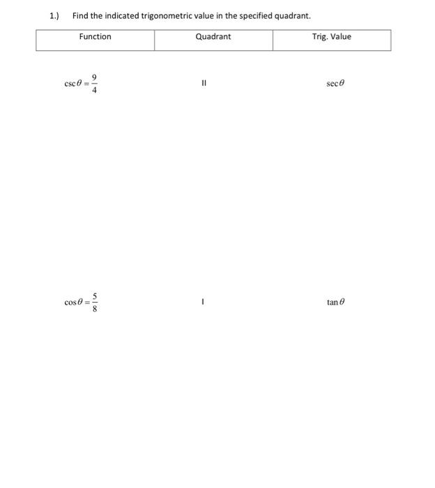 Solved 1.) Find the indicated trigonometric value in the | Chegg.com