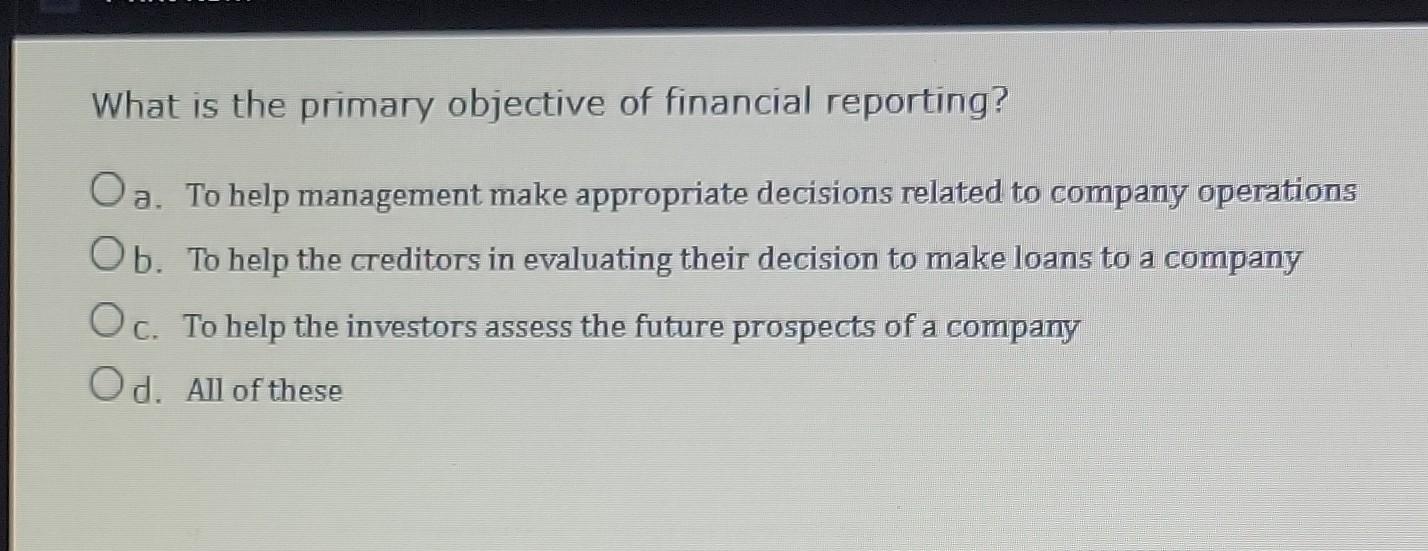 Solved What is the primary objective of financial reporting? | Chegg.com