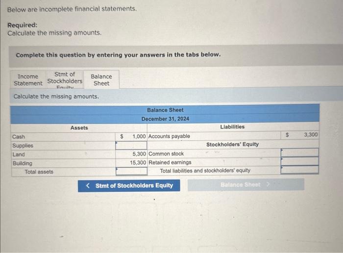 Solved Below are incomplete financial statements. Required: | Chegg.com