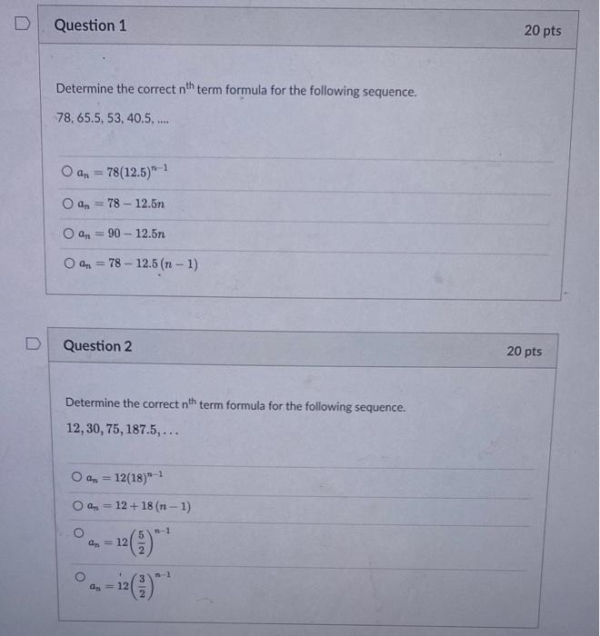 Solved Determine the correct nth term formula for the | Chegg.com