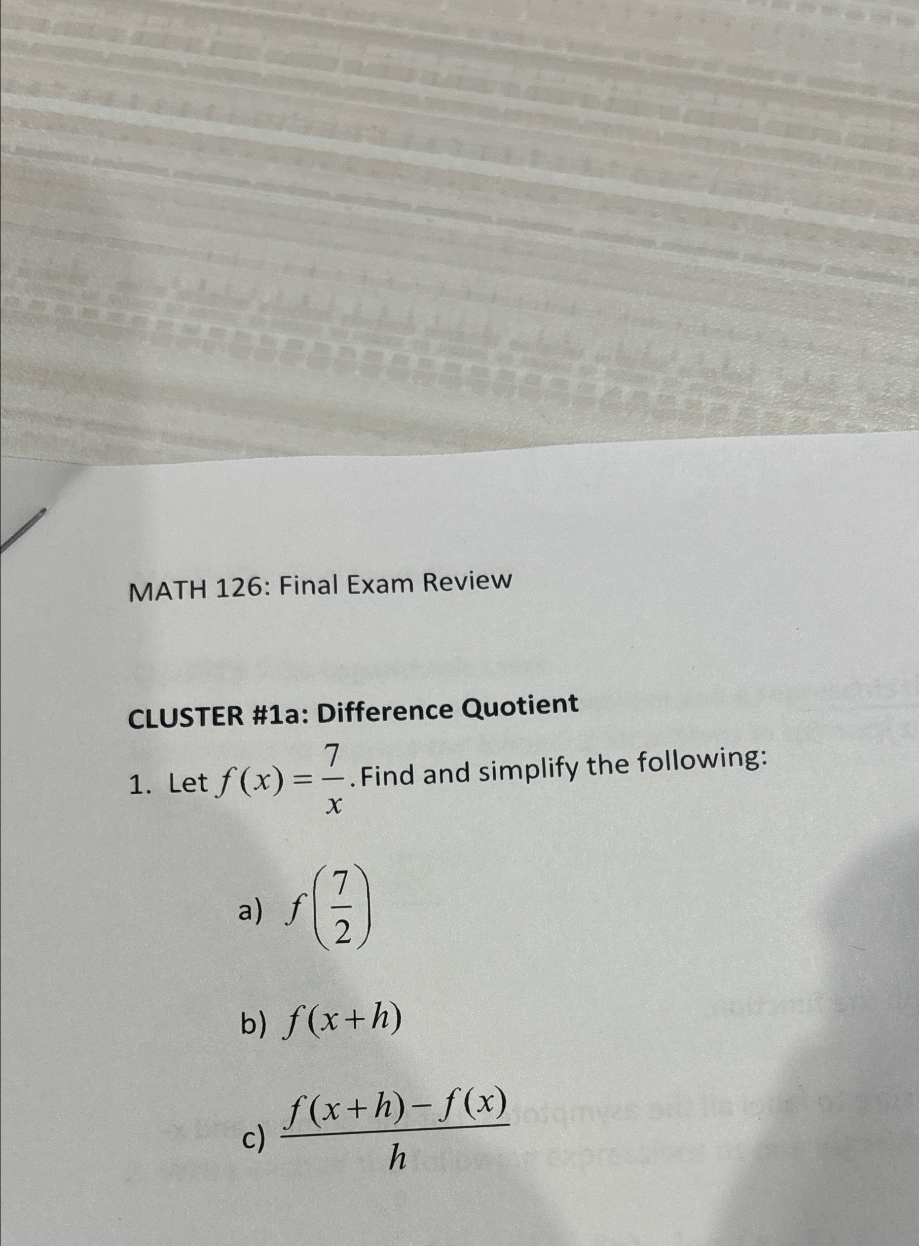 Solved MATH 126: Final Exam ReviewCLUSTER #1a: Difference | Chegg.com