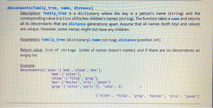 Solved descendants (family tree, name, distance) | Chegg.com