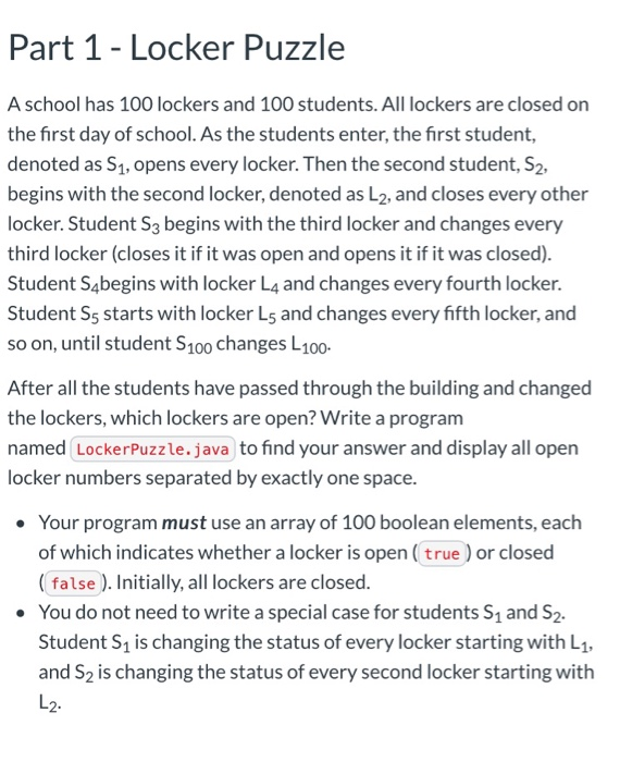 Solved Part 1 - Locker Puzzle A school has 100 lockers and | Chegg.com