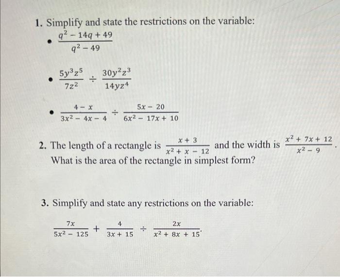Solved 1. Simplify and state the restrictions on the | Chegg.com