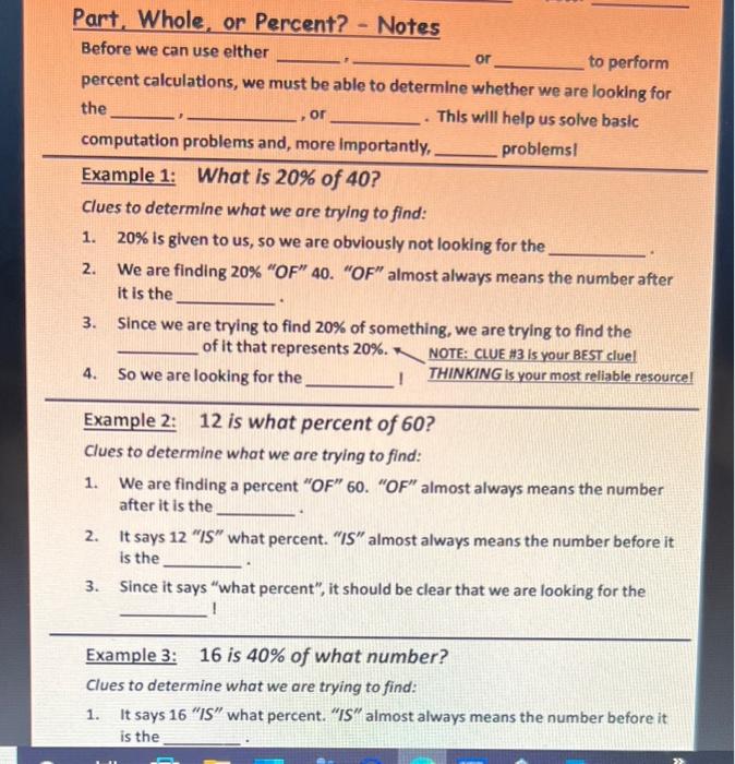 Solved Part, Whole, or Percent? - Notes Before we can use | Chegg.com