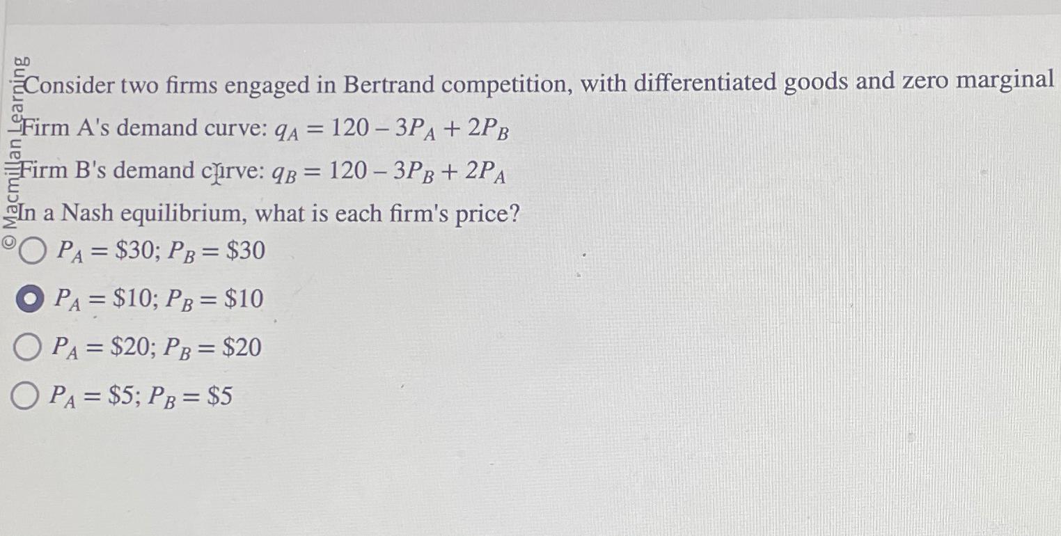 Solved Consider two firms engaged in Bertrand competition, | Chegg.com