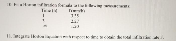 Solved 10. Fit a Horton infiltration formula to the | Chegg.com