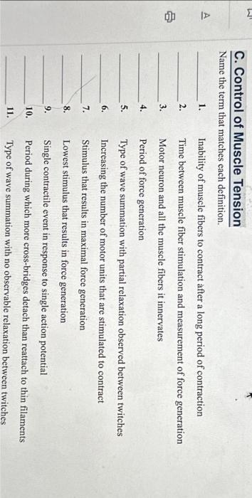 Σ A C. Control of Muscle Tension Name the term that | Chegg.com