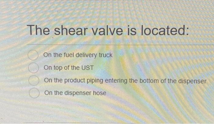 Solved The shear valve is located: On the fuel delivery | Chegg.com