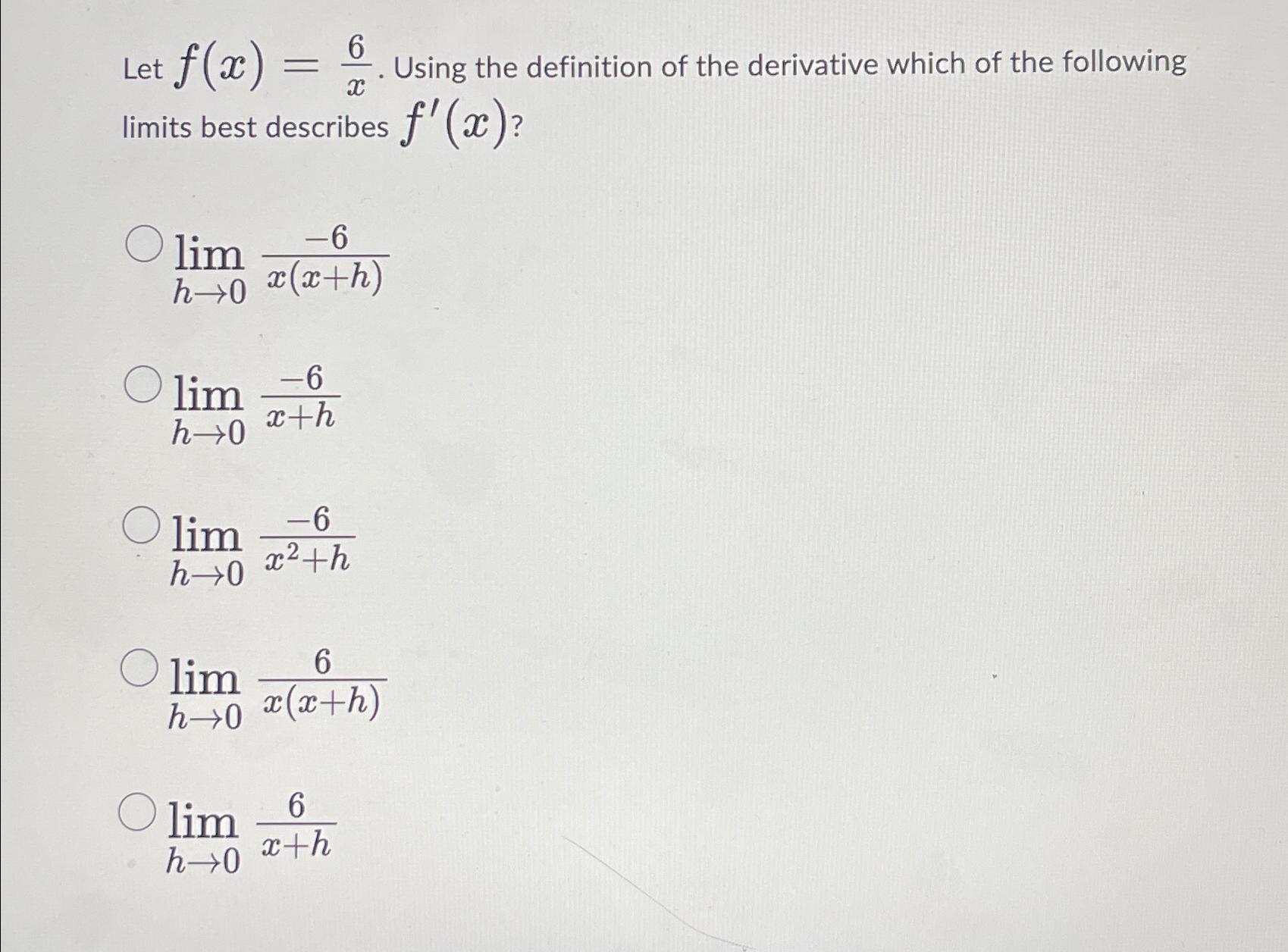 Solved Let f(x)=6x. ﻿Using the definition of the derivative | Chegg.com