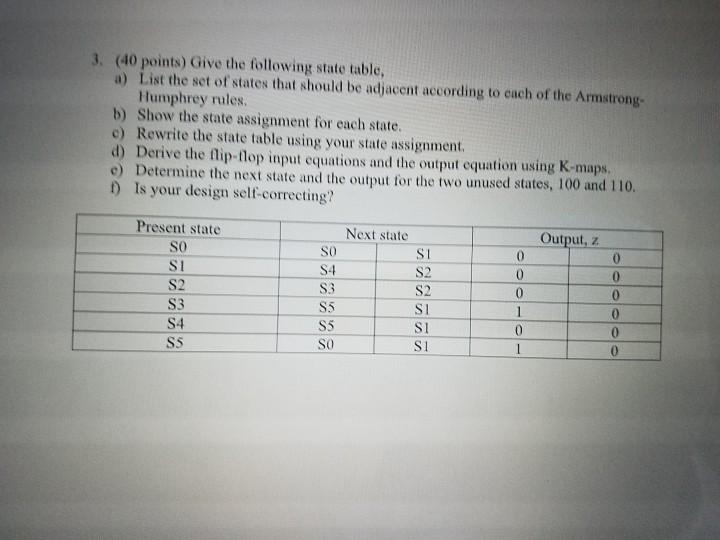Solved 3. (40 points) Give the following state table, a) | Chegg.com