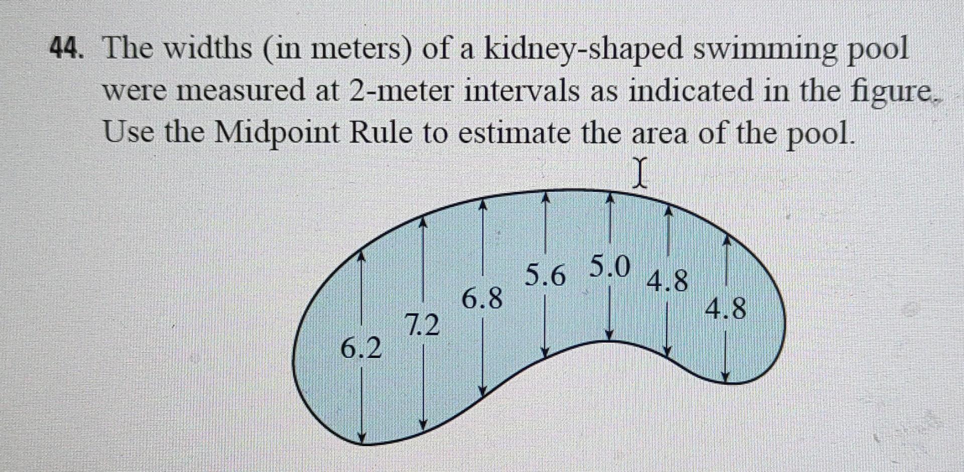 Solved 44. The widths (in meters) of a kidney-shaped | Chegg.com