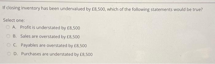 Solved If closing inventory has been undervalued by £8,500, | Chegg.com