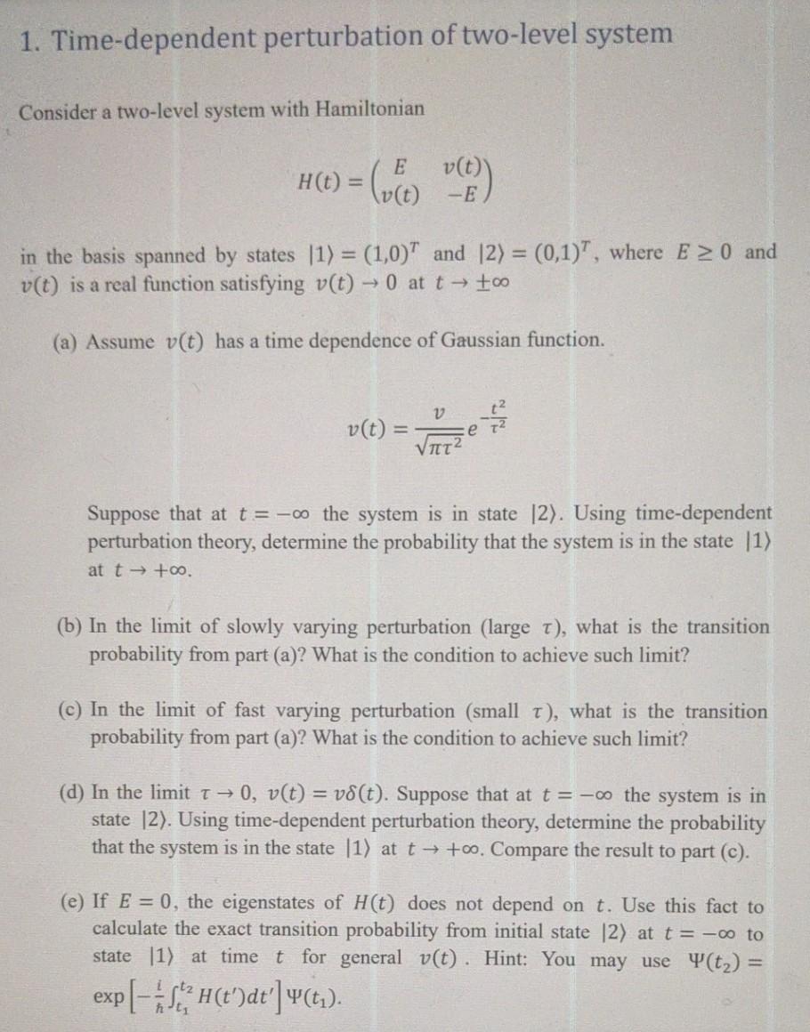 Solved 1. Time-dependent perturbation of two-level system | Chegg.com