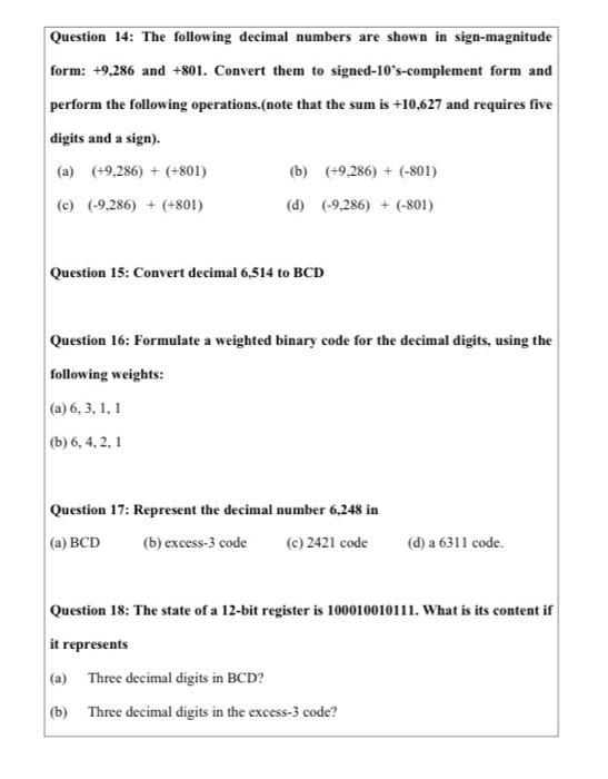 Solved Question 14: The following decimal numbers are shown | Chegg.com