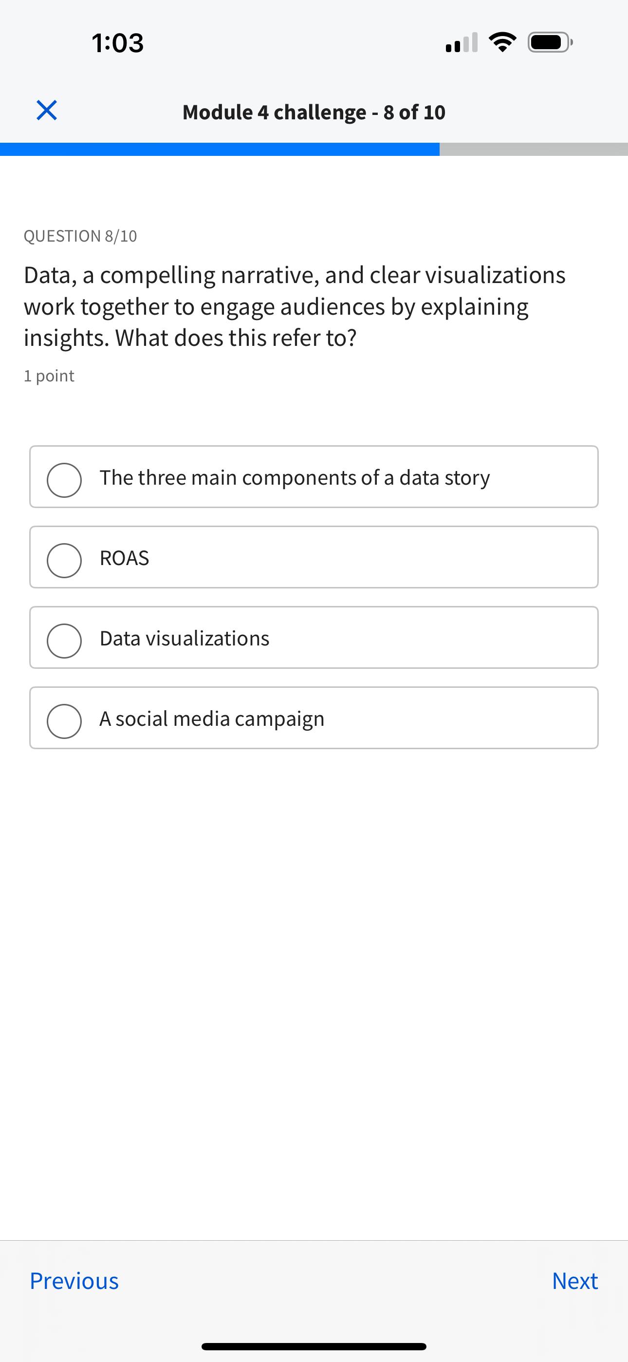 Solved 1:03Module 4 ﻿challenge - 8 ﻿of 10QUESTION 8/10Data, | Chegg.com
