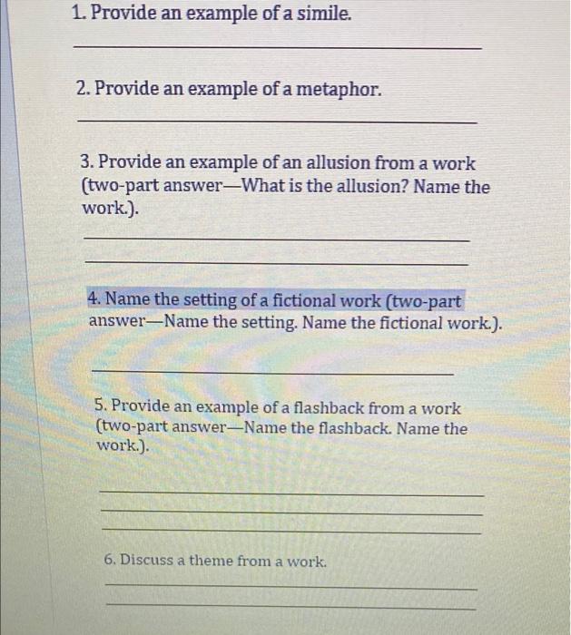 Solved 1. Provide an example of a simile. 2. Provide an | Chegg.com