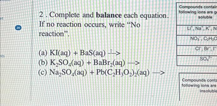 Solved 2. Complete and balance each equation. If no reaction | Chegg.com