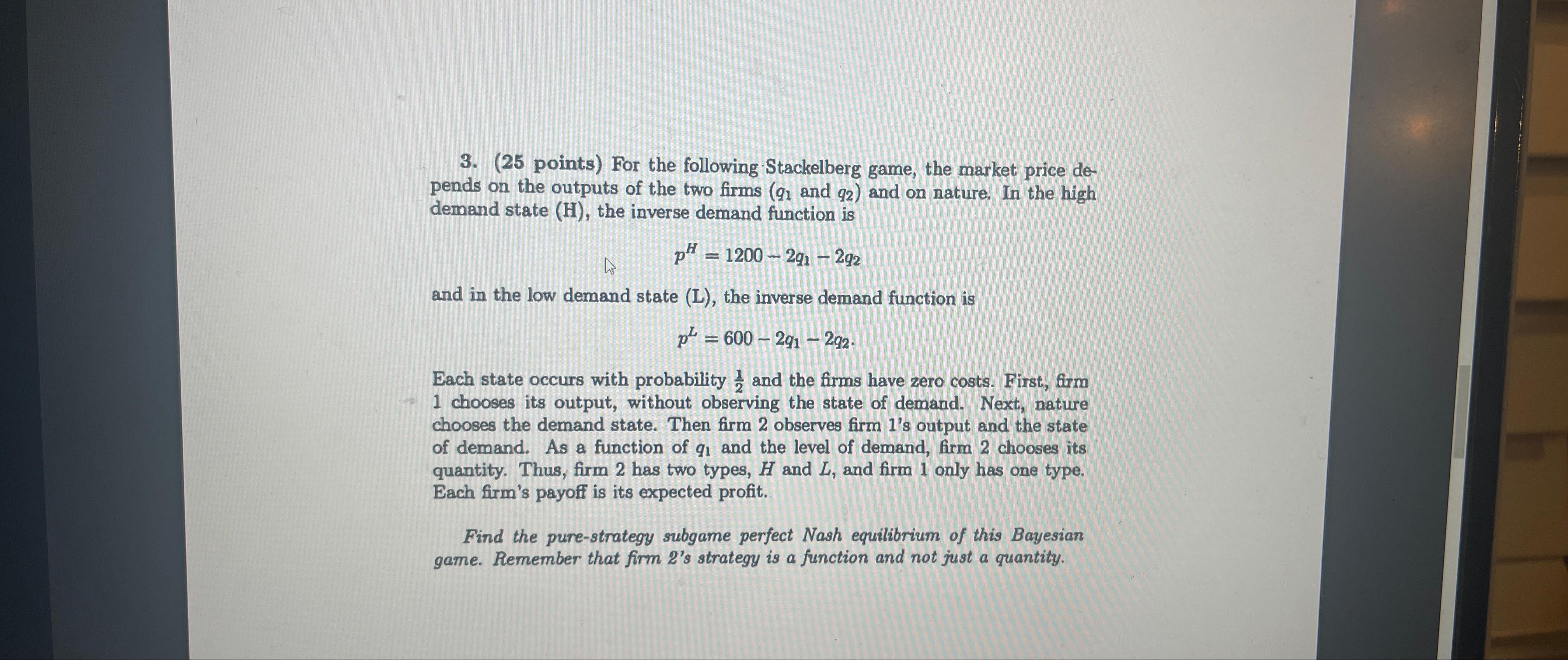 Solved (25 ﻿points) ﻿For the following Stackelberg game, the | Chegg.com