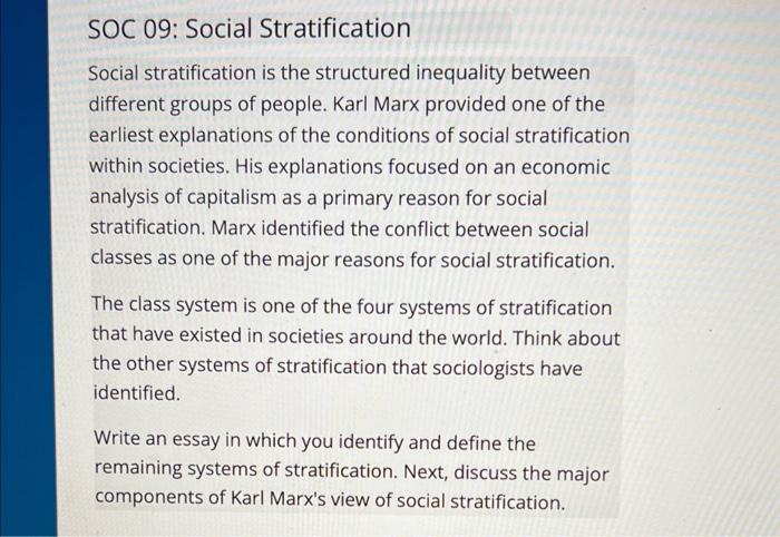Social stratification is the structured inequality | Chegg.com
