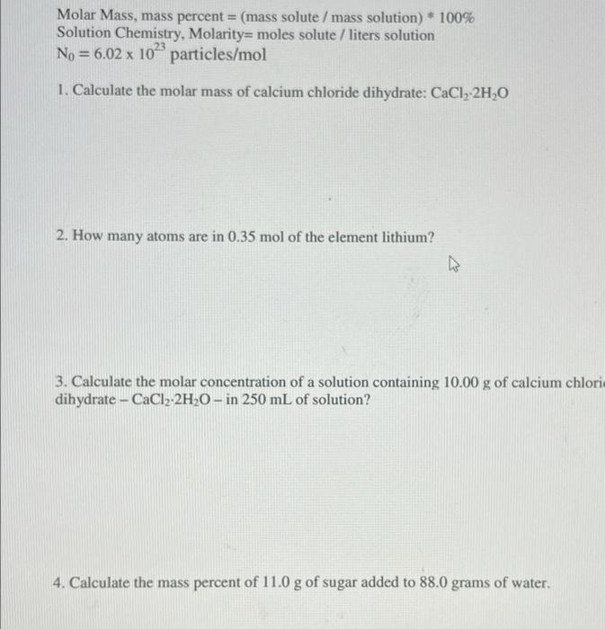 Solved Molar Mass, mass percent = (mass solute / mass | Chegg.com