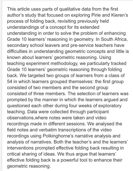 Solved Abstract 1; Tracking Grade 10 learners geometric | Chegg.com