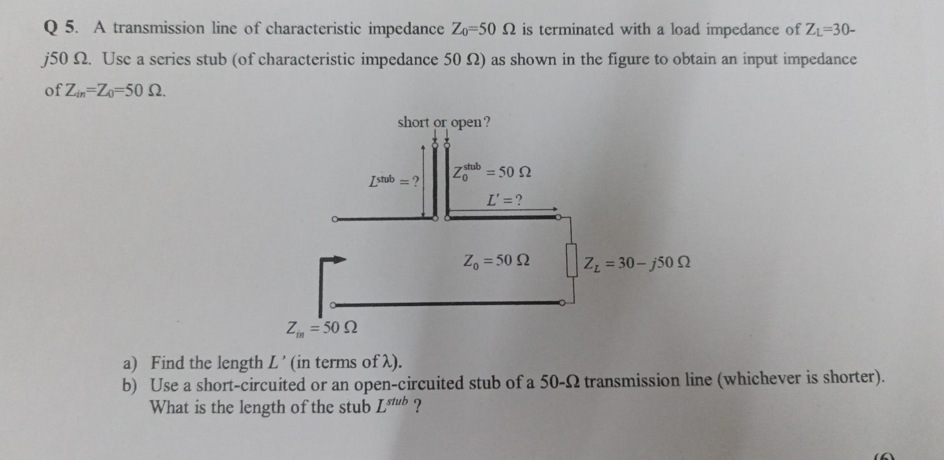 Solved Q 5. A transmission line of characteristic impedance | Chegg.com
