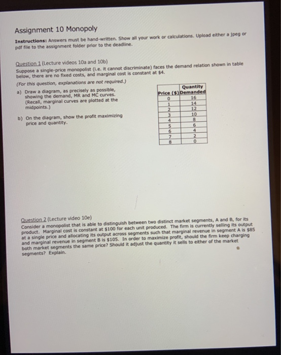 Solved Assignment 10 Monopoly Instructions: Answers must be | Chegg.com