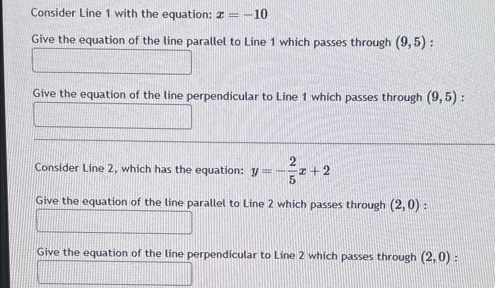 Solved Consider Line 1 ﻿with the equation: x=-10Give the | Chegg.com