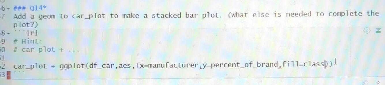 Solved 6 - ﻿### Q14*Add a geom to car_plot to make a stacked | Chegg.com